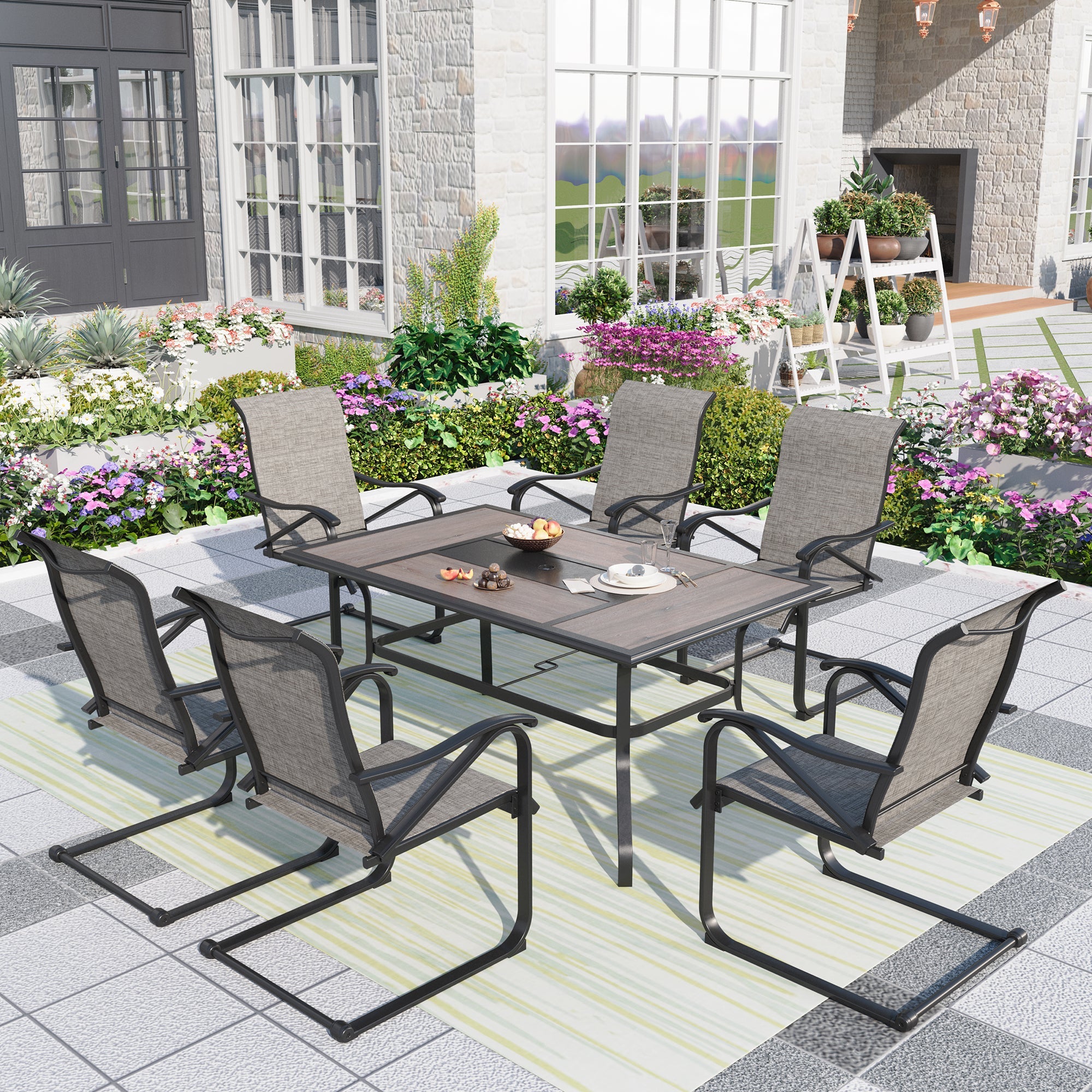 MF Studio 7 Pieces Outdoor Patio Dining Set with 6 Pieces C-Spring Tex ... MF Studio 7 Pieces Outdoor Patio Dining Set with 6 Pieces C-Spring Tex ...