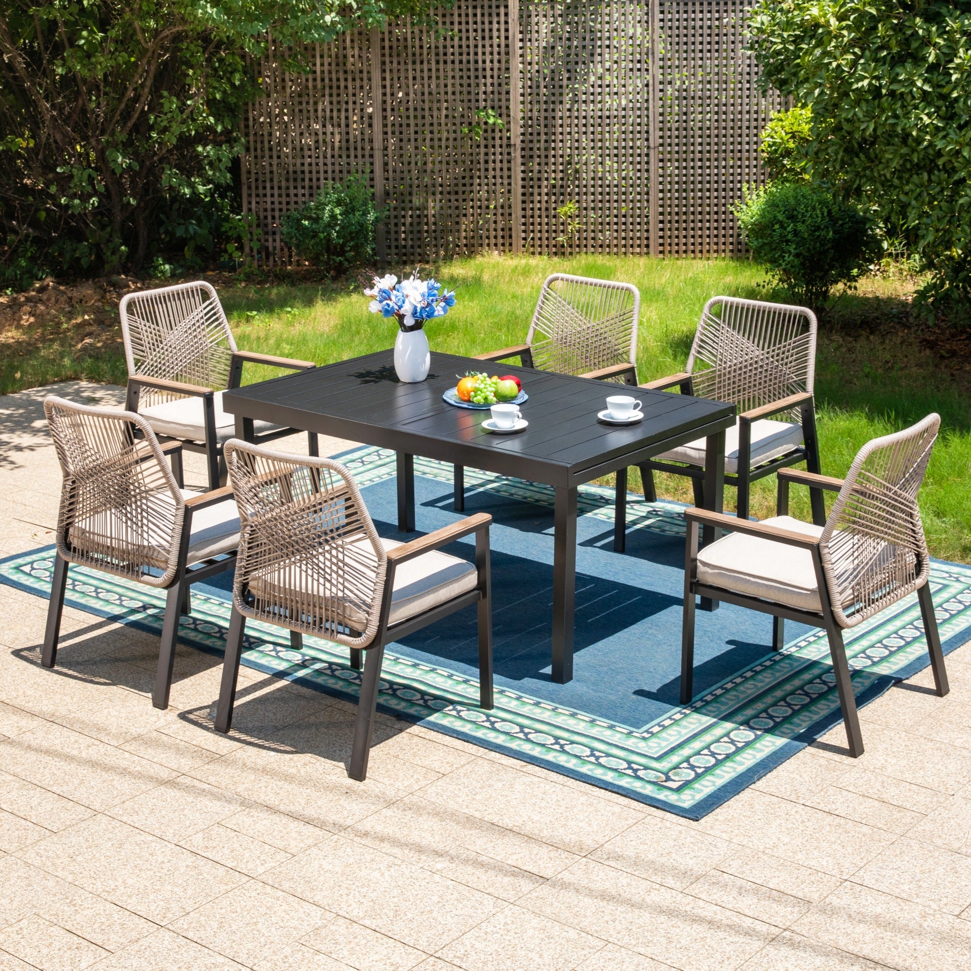 Summit Living 7-Piece Patio Dining Set with 6 Cushioned Rattan Chairs ...