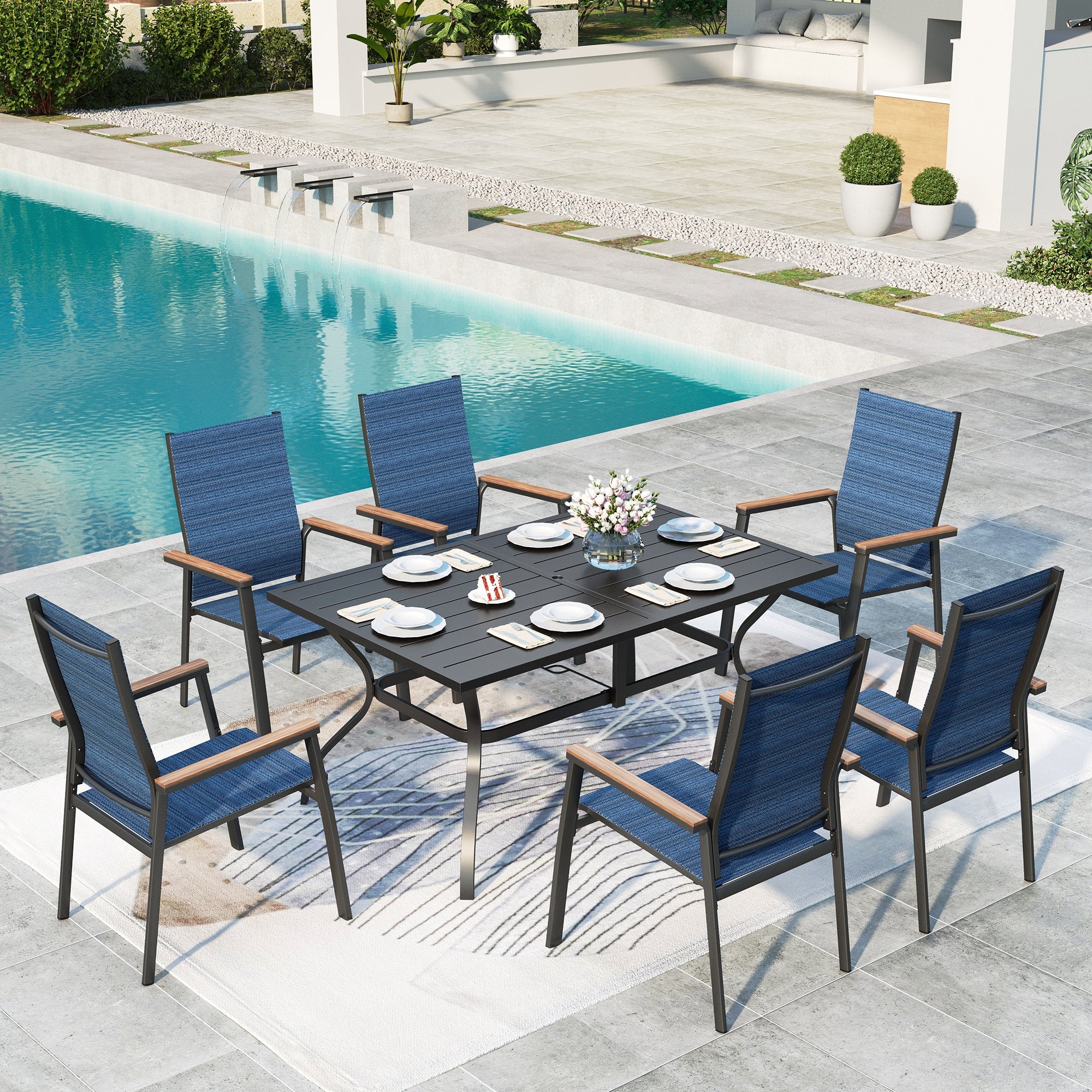 Summit Living 7-Piece Outdoor Patio Dining Set with 6 Stackable Blue A ...