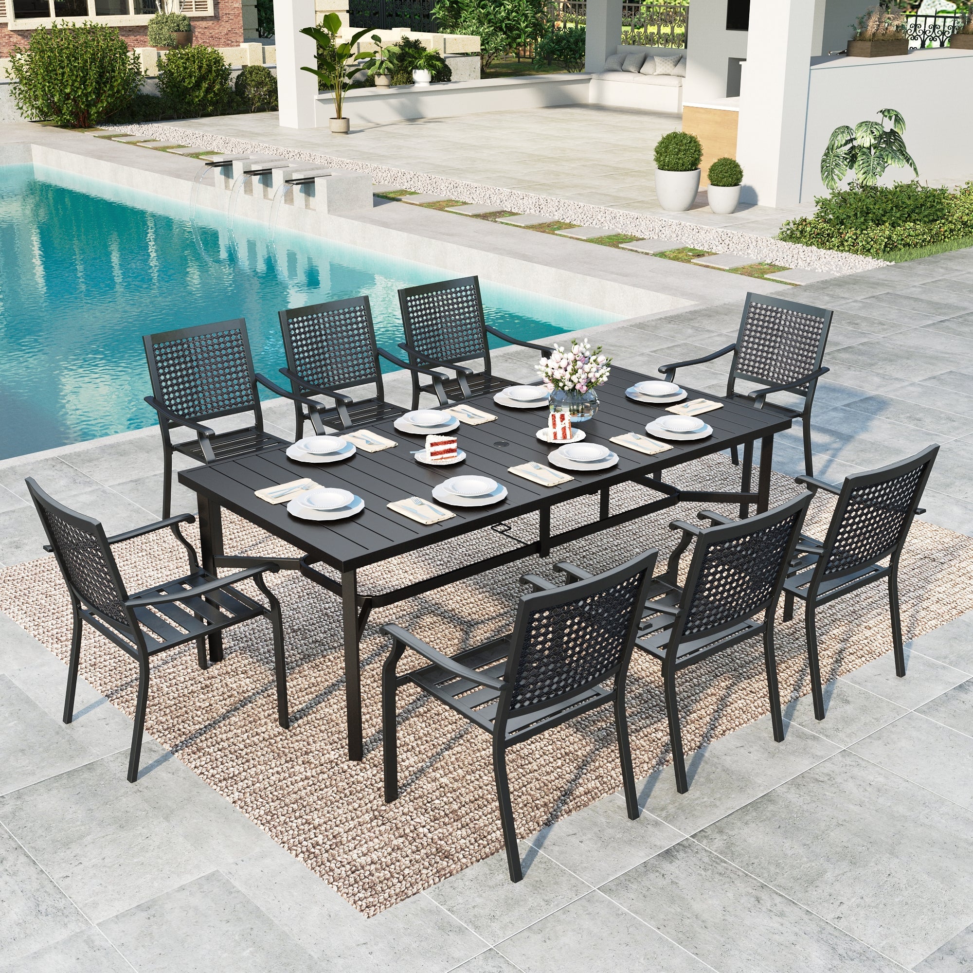 MF Studio 9-Piece Outdoor Patio Dining Set with 8 Stackable Metal Armc ...