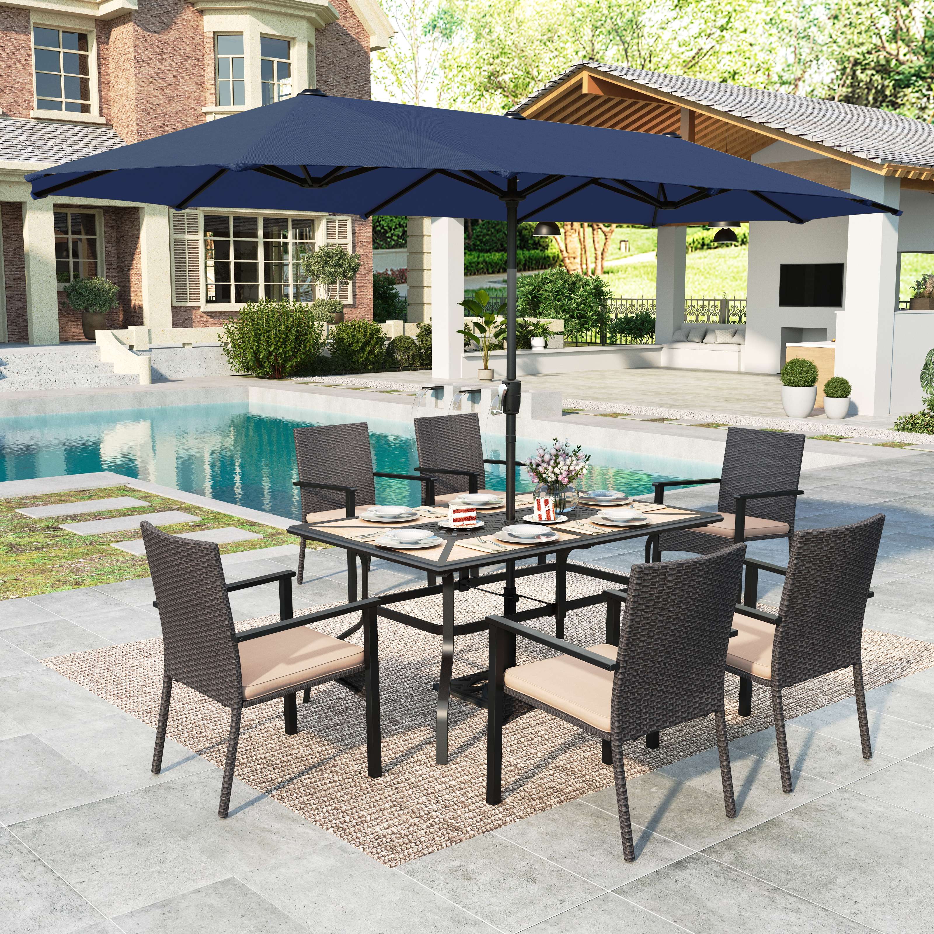 Summit Living 8-Piece Outdoor Patio Set with 13ft Navy Blue Patio Umbr ...
