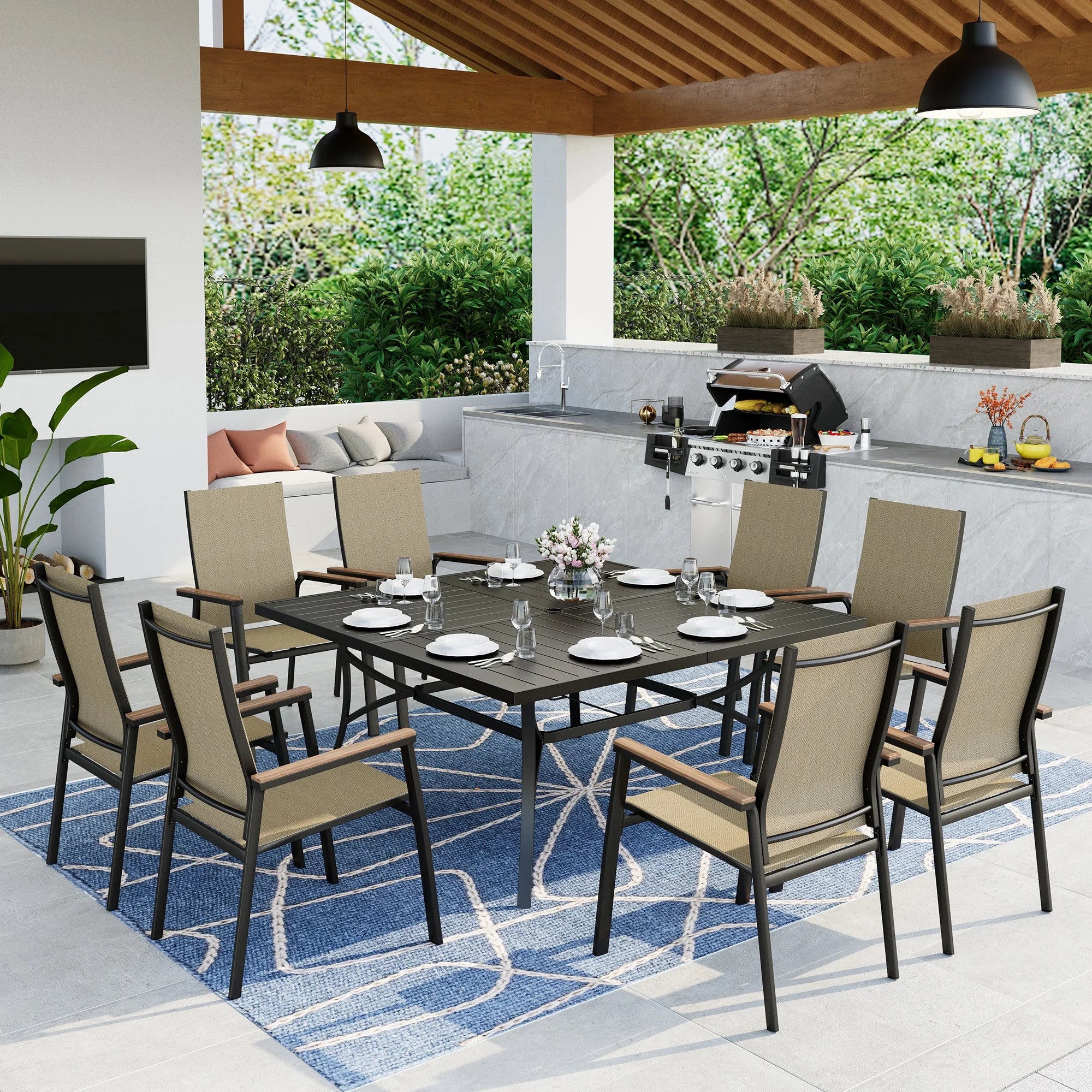 Summit Living 8-people Outdoor Patio Dining Set with 8 Stackable Beige ...