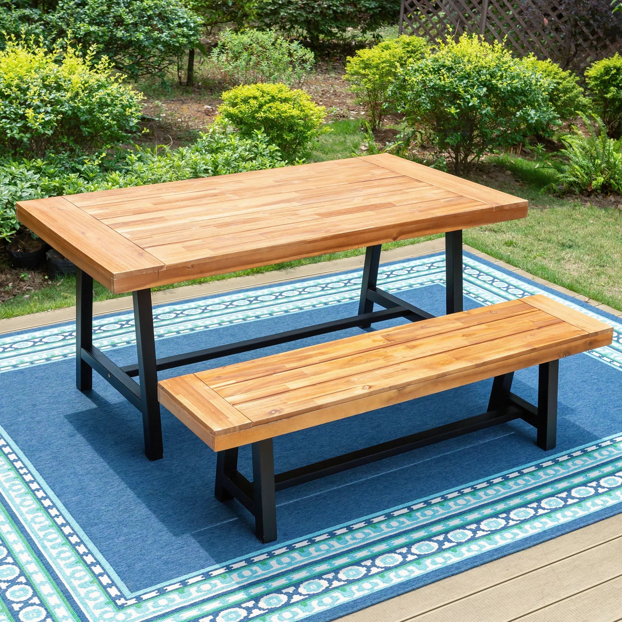 MF Studio Set of 2 Patio Wood Garden Bench Set Outdoor Wooden Dining S ...