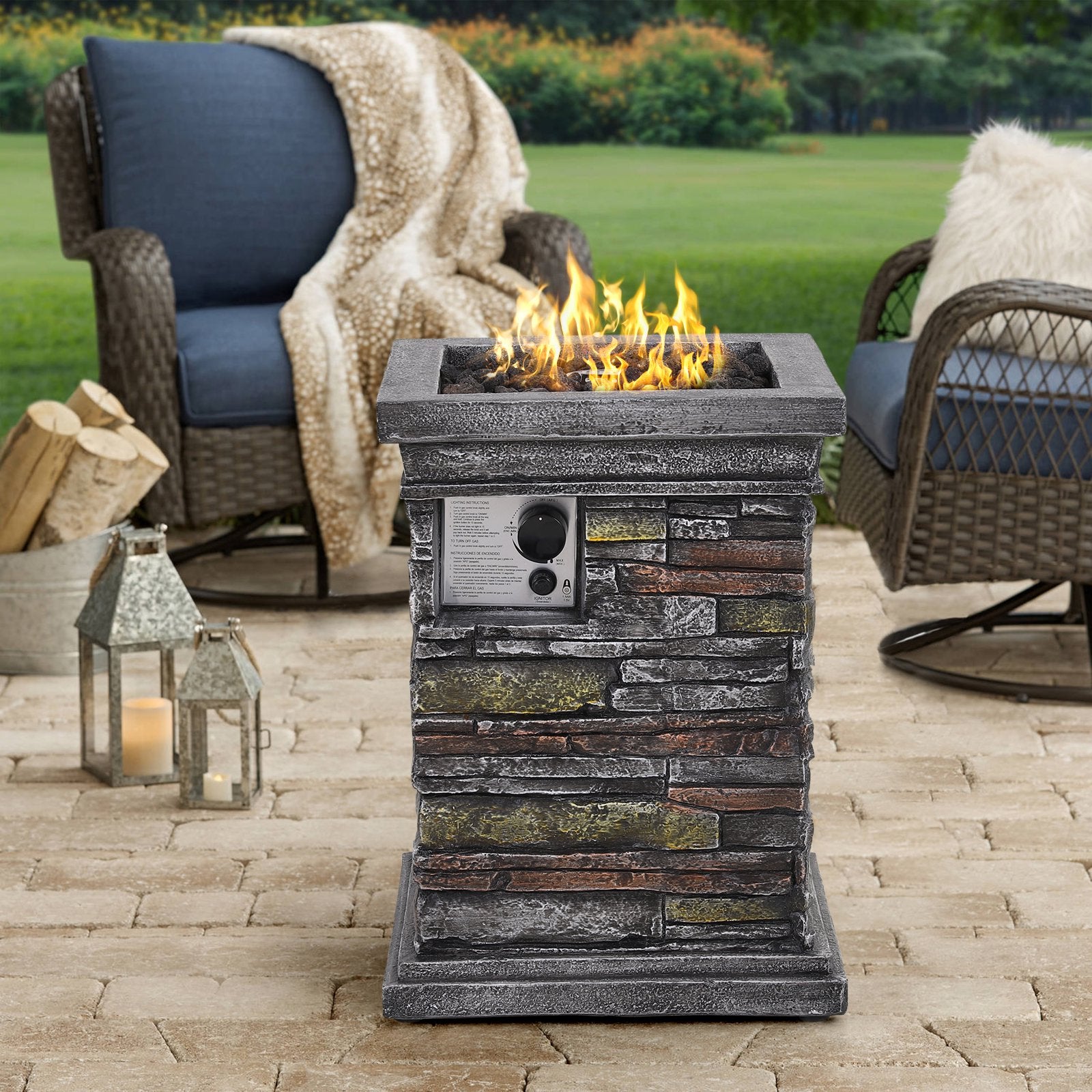MF Studio Outdoor Patio Propane Gas Fire Pit Column with Vintage Stone ...