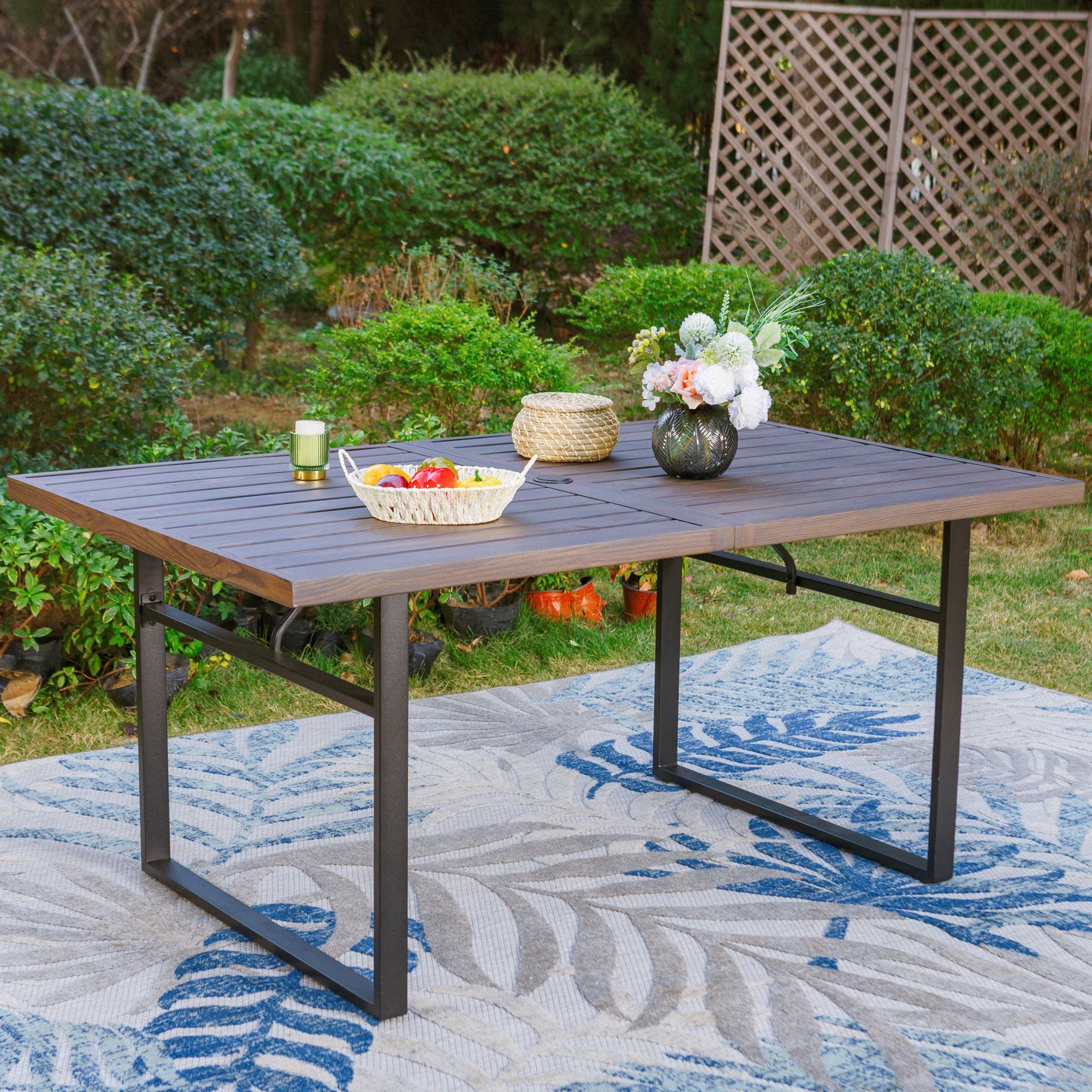 MF Studio Rectangle Outdoor Dining Table, Steel Frame with Wood Grain ...