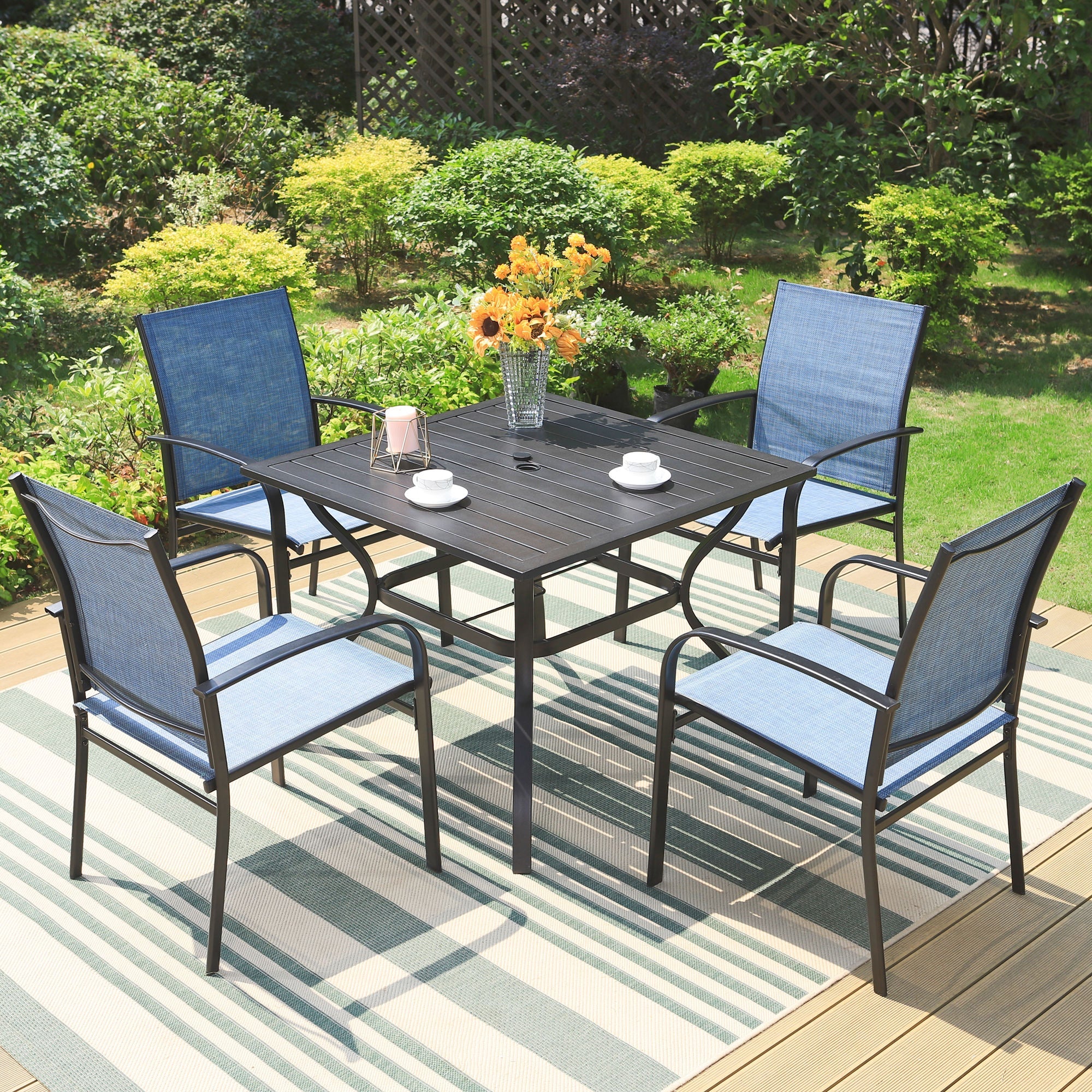 SUMMIT LIVING 5-Piece Outdoor Dining Set with Textilene Chairs & Umbre ...